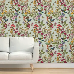 Spoonflower Hummingbirds And Bees Mint 100% Natural Sisal Grasscloth Wallcovering