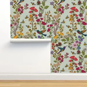 Spoonflower Hummingbirds And Bees Mint 100% Natural Sisal Grasscloth Wallcovering