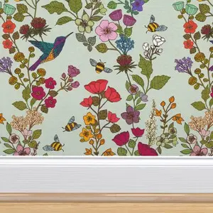 Spoonflower Hummingbirds And Bees Mint 100% Natural Sisal Grasscloth Wallcovering