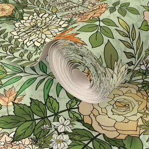 Spoonflower Sun Bleached Blooms Mint 100% Natural Sisal Grasscloth Wallcovering - Mint,green