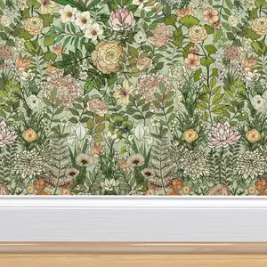 Spoonflower Sun Bleached Blooms Mint 100% Natural Sisal Grasscloth Wallcovering
