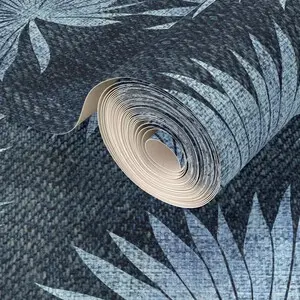 Spoonflower Sun Palm Leave Denim2 100% Natural Sisal Grasscloth Wallcovering - Blue