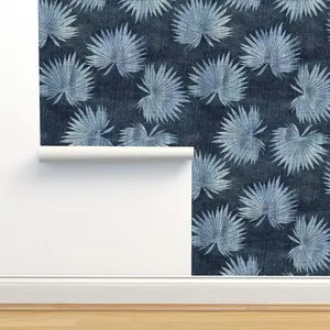 Spoonflower Sun Palm Leave Denim2 100% Natural Sisal Grasscloth Wallcovering