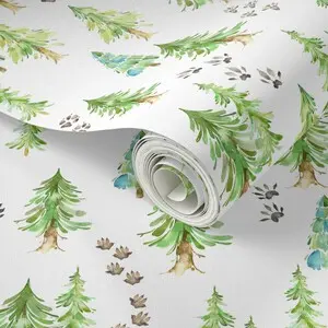 Spoonflower Nature Forest Trees Footprints Outdoors Camping Custom Pre-pasted Wallpaper - Green