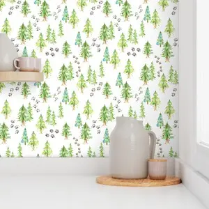 Spoonflower Nature Forest Trees Footprints Outdoors Camping Custom Pre-pasted Wallpaper - Green