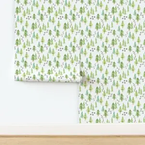 Spoonflower Nature Forest Trees Footprints Outdoors Camping Custom Pre-pasted Wallpaper - Green