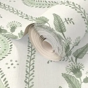 Spoonflower Emma Stripe Soft On White 100% Natural Sisal Grasscloth Wallcovering - Green