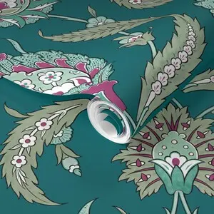 Spoonflower Damask Floral Antique Bohemian Custom Removable Wallpaper - Green,teal,black