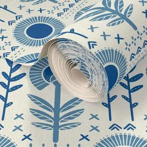 Spoonflower Stitched Blooms 100% Natural Sisal Grasscloth Wallcovering - Blue