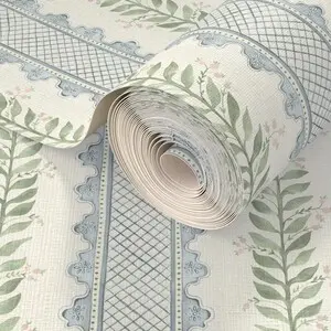 Spoonflower Celia Quiet Blue And Pale Pink On Cream 100% Natural Sisal Grasscloth Wallcovering - Green