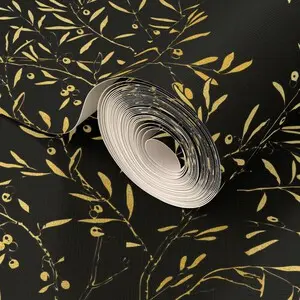 Spoonflower Gold Branch On Black Branches Toile Chinoiserie 100% Natural Sisal Grasscloth Wallcovering Gold,yellow,black