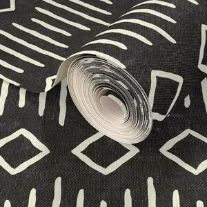 Spoonflower Diamond Fall Mud Cloth Onyx Mudcloth Farmhouse 100% Natural Sisal Grasscloth Wallcovering - White