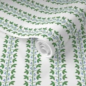 Spoonflower Stripe Cream Light Blue Vine Lilac Pastel Lavender Custom Pre-pasted Wallpaper - Green