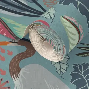 Spoonflower Heron And Plants Voyage 100% Natural Sisal Grasscloth Wallcovering - Blue