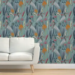 Spoonflower Heron And Plants Voyage 100% Natural Sisal Grasscloth Wallcovering - Blue