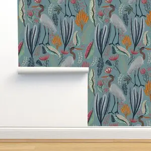 Spoonflower Heron And Plants Voyage 100% Natural Sisal Grasscloth Wallcovering - Blue