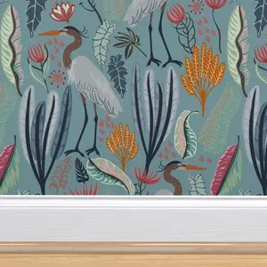 Spoonflower Heron And Plants Voyage 100% Natural Sisal Grasscloth Wallcovering - Blue
