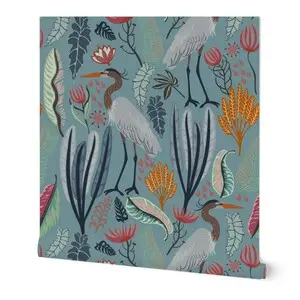 Spoonflower Heron And Plants Voyage 100% Natural Sisal Grasscloth Wallcovering - Blue