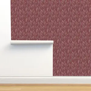 Spoonflower Eucalyptus Leaves Marsala Pink Rose Tropical 100% Natural Sisal Grasscloth Wallcovering - Red,gray,pink
