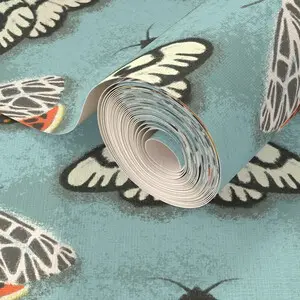 Spoonflower Evening Moths 100% Natural Sisal Grasscloth Wallcovering - Teal,gray,blue