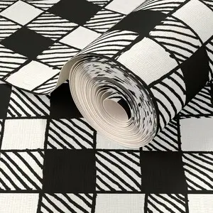 Spoonflower Gingham Black White Retro Vintage Classic 100% Natural Sisal Grasscloth Wallcovering White