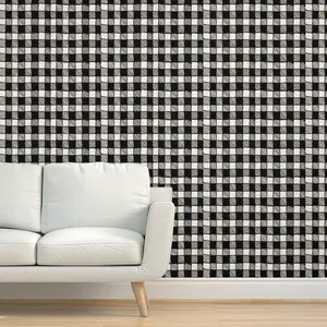 Spoonflower Gingham Black Retro Vintage Classic 100% Natural Sisal Grasscloth Wallcovering - White