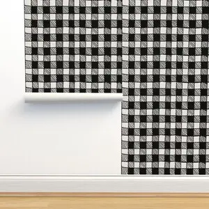 Spoonflower Gingham Black Retro Vintage Classic 100% Natural Sisal Grasscloth Wallcovering - White