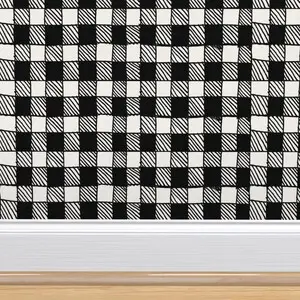 Spoonflower Gingham Black Retro Vintage Classic 100% Natural Sisal Grasscloth Wallcovering - White