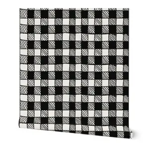 Spoonflower Gingham Black Retro Vintage Classic 100% Natural Sisal Grasscloth Wallcovering - White