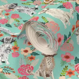 Spoonflower English Setter Floral Dog Florals Mint 100% Natural Sisal Grasscloth Wallcovering - Mint,green