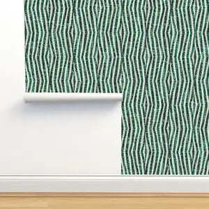 Spoonflower Emerald Textured Wavy Pinstripe 100% Natural Sisal Grasscloth Wallcovering - Green