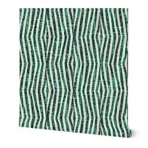 Spoonflower Emerald Textured Wavy Pinstripe 100% Natural Sisal Grasscloth Wallcovering - Green