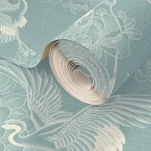 Spoonflower Majestic Cranes Blue 100% Natural Sisal Grasscloth Wallcovering - Blue,gray