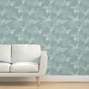 Spoonflower Majestic Cranes Blue 100% Natural Sisal Grasscloth Wallcovering