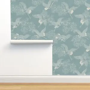 Spoonflower Majestic Cranes Blue 100% Natural Sisal Grasscloth Wallcovering