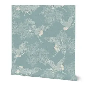 Spoonflower Majestic Cranes Blue 100% Natural Sisal Grasscloth Wallcovering