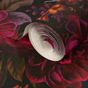 Spoonflower Antique Hand Painted Roses Flowers Bouquets On 100% Natural Sisal Grasscloth Wallcovering Red