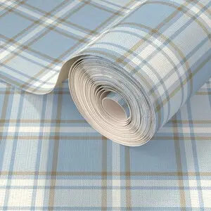 Spoonflower Hikers' Plaid White And Mushroom Tan On Light Blue 100% Natural Sisal Grasscloth Wallcovering White,tan
