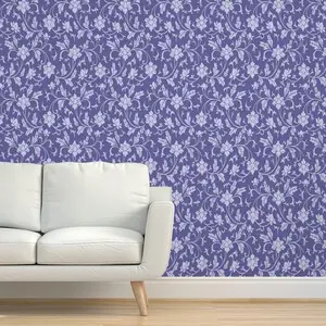 Spoonflower Vintage Floral Periwinkle 100% Natural Sisal Grasscloth Wallcovering - Purple,blue