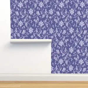 Spoonflower Vintage Floral Periwinkle 100% Natural Sisal Grasscloth Wallcovering - Purple,blue
