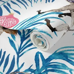 Spoonflower Monkey Palm Tropical Fruit Jungle Pomegranate Custom Pre-pasted Wallpaper - Blue,white,purple