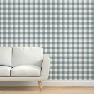 Spoonflower Gingham Plaid Check Seafoam 100% Natural Sisal Grasscloth Wallcovering - White,blue