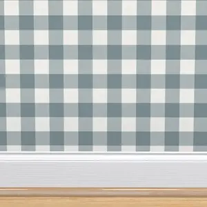 Spoonflower Gingham Plaid Check Seafoam 100% Natural Sisal Grasscloth Wallcovering - White,blue