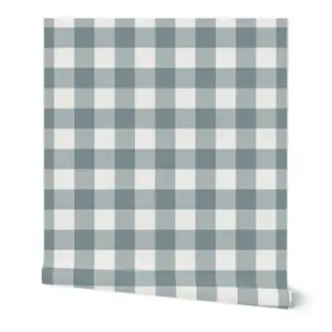 Spoonflower Gingham Plaid Check Seafoam 100% Natural Sisal Grasscloth Wallcovering - White,blue