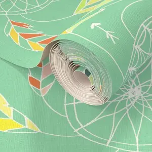 Spoonflower Dream Catcher Feather Southwestern Boho Baby 100% Natural Sisal Grasscloth Wallcovering - Green,yellow