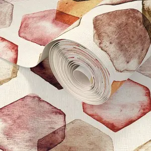 Spoonflower Autumn Bokeh Watercolour Hexagons 100% Natural Sisal Grasscloth Wallcovering - Red,brown,pink