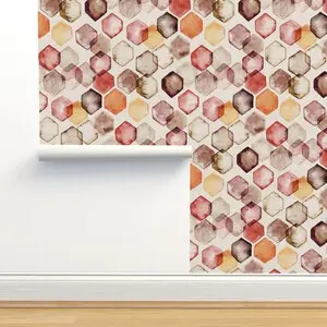 Spoonflower Autumn Bokeh Watercolour Hexagons 100% Natural Sisal Grasscloth Wallcovering - Red,brown,pink