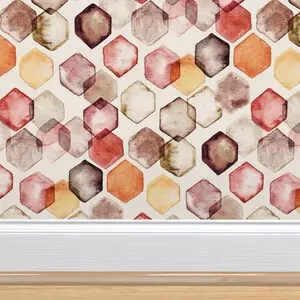 Spoonflower Autumn Bokeh Watercolour Hexagons 100% Natural Sisal Grasscloth Wallcovering - Red,brown,pink