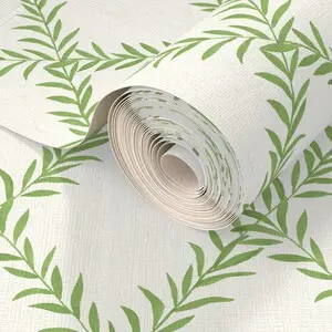 Spoonflower Erin Leafy Trellis Spring On White 100% Natural Sisal Grasscloth Wallcovering - Green