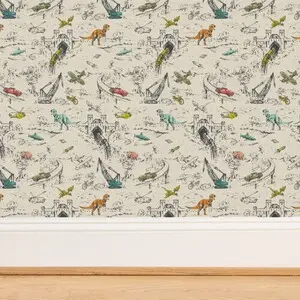 Spoonflower Adventure Toile Retro Mini Custom Pre-pasted Wallpaper - Gray,brown